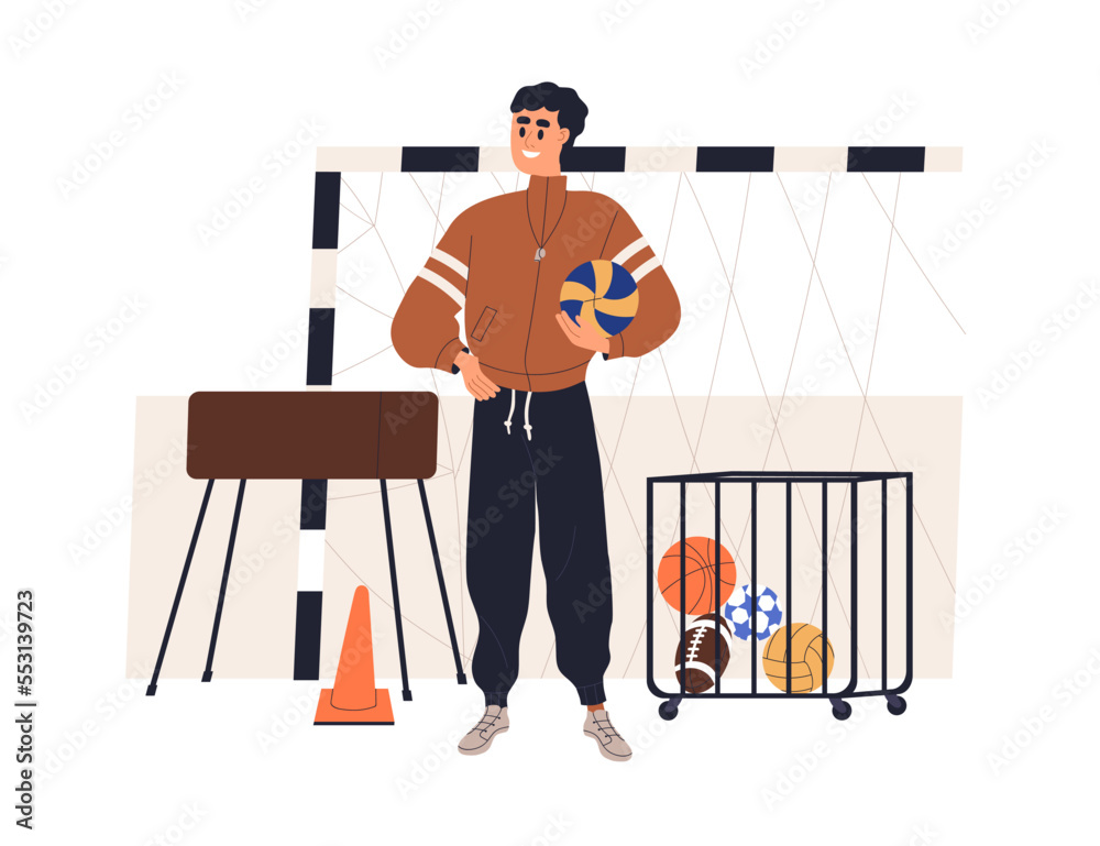 PE teacher, school trainer in gym. PT instructor at physical education ...