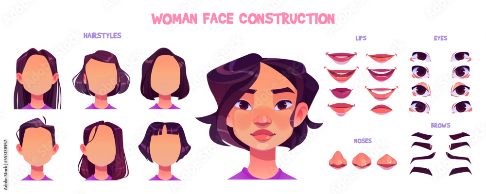 Asian girl face construction set. Avatar creation with different ...
