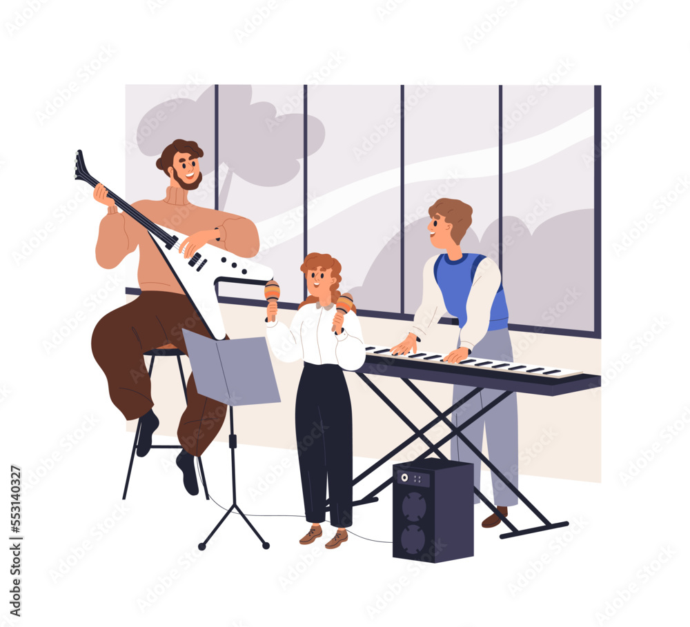 Teacher and kids in music class, school lesson, rehearsal. Tutor ...