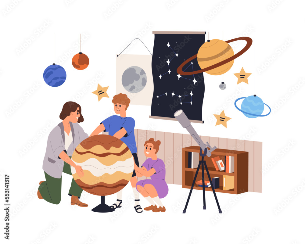 Teacher and kids in astronomy classroom, class. Children studying ...