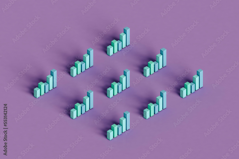 Three dimensional render of pastel colored bar graphs standing against ...