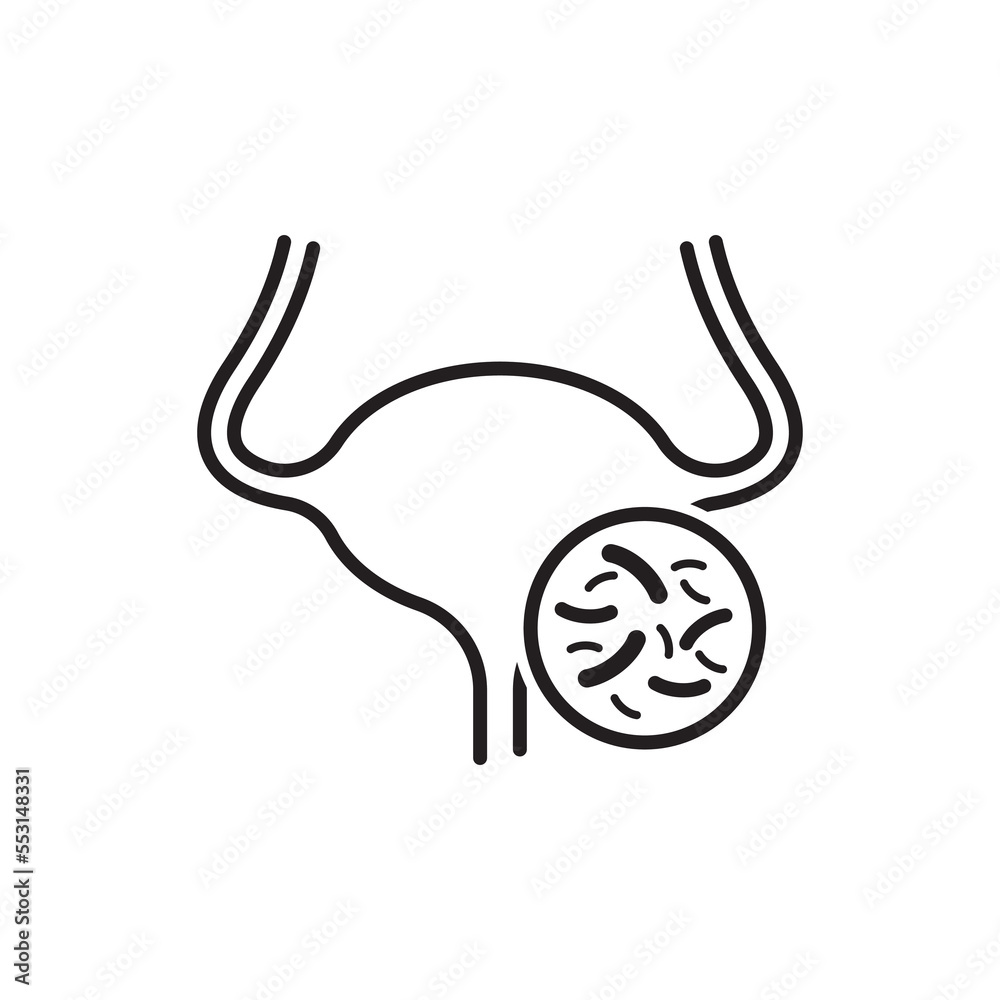 Urinary bladder with bacteria line icon. Disease internal organ ...