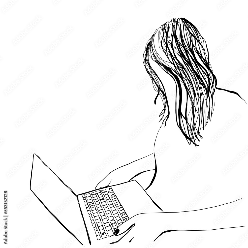 Hand Sketch of Working Woman. Vector illustration. Freelancer. Girl ...