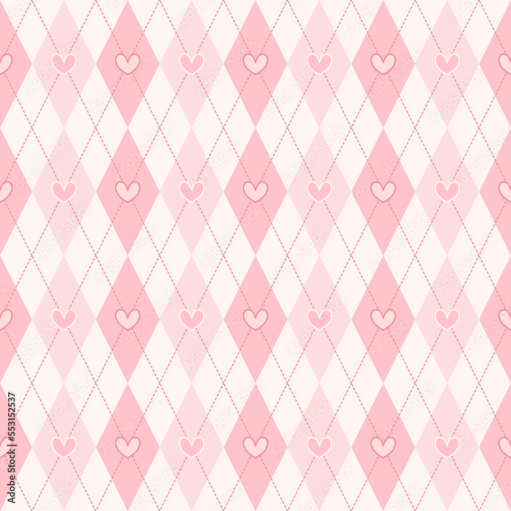 Pink heart tile pattern or textures set on harlequin check vector background, Digital paper for ...