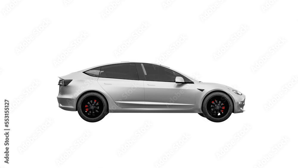 TESLA MODEL 3, 3d rendering of grey TESLA 3 car on isolated white ...