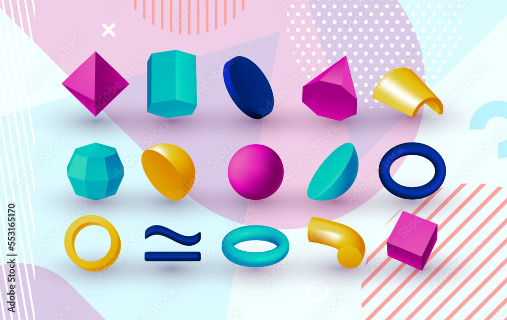 3d abstract geometric shape elements. Graphic geometry figures, color ...