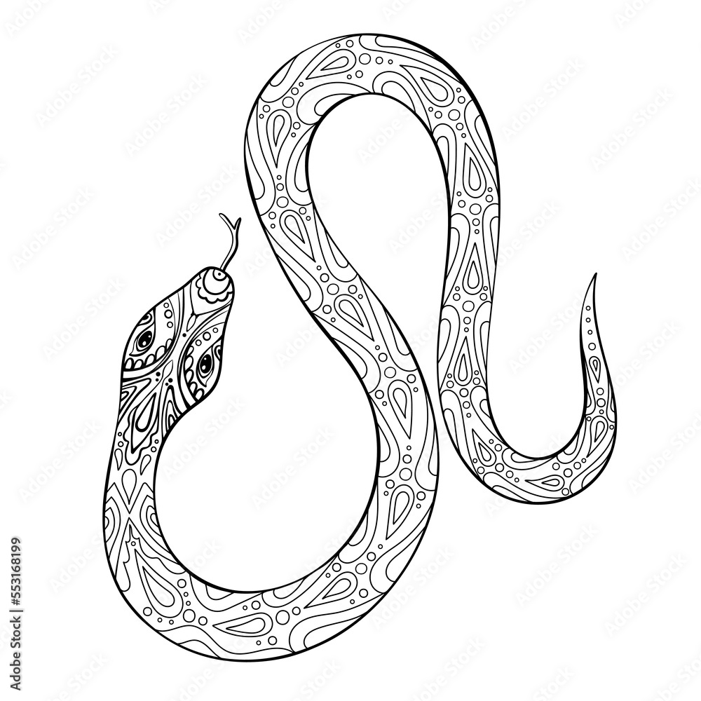 Snake coloring page outline in Zentangle style. Line art hand drawing ...