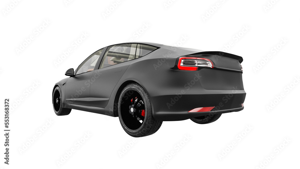 TESLA MODEL 3, 3d rendering of black TESLA 3 car on isolated white ...