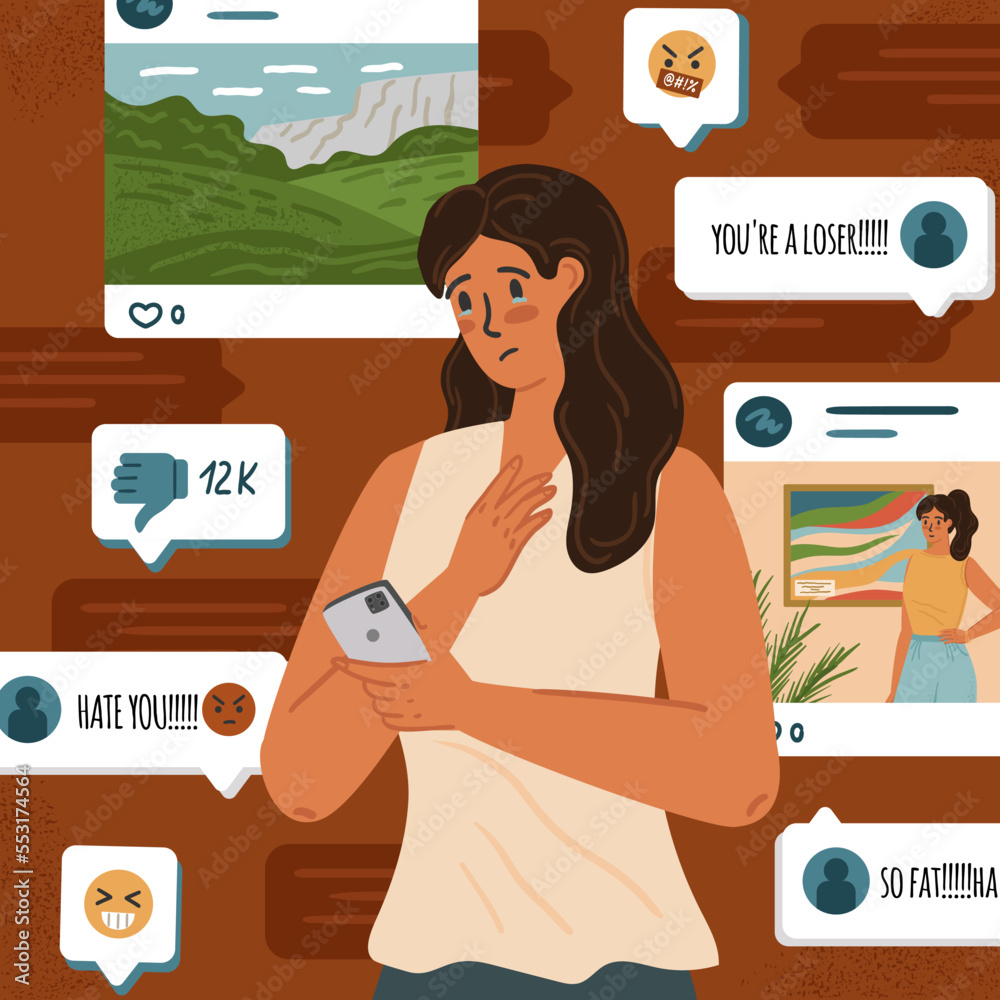 Woman in depression and crying after reading comments and hate messages ...