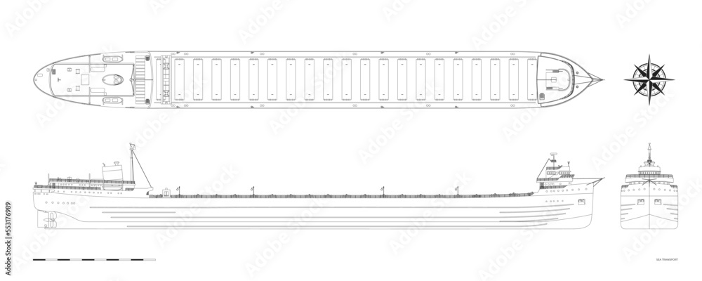 Outline cargo ship blueprint. Front, side and top industrial views of ...