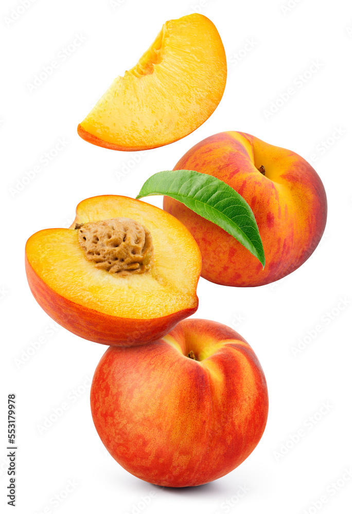 Peach isolated. Whole peach flying with a slice on white background ...