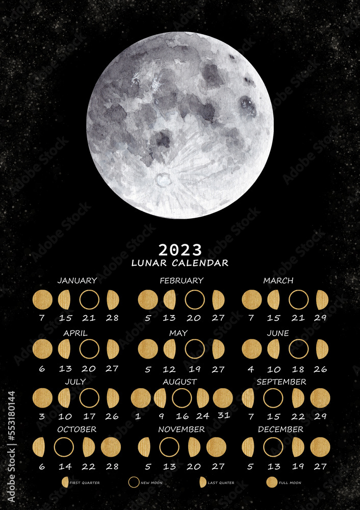Lunar calendar 2023. Moon phases calendar for 2023 with beautiful ...