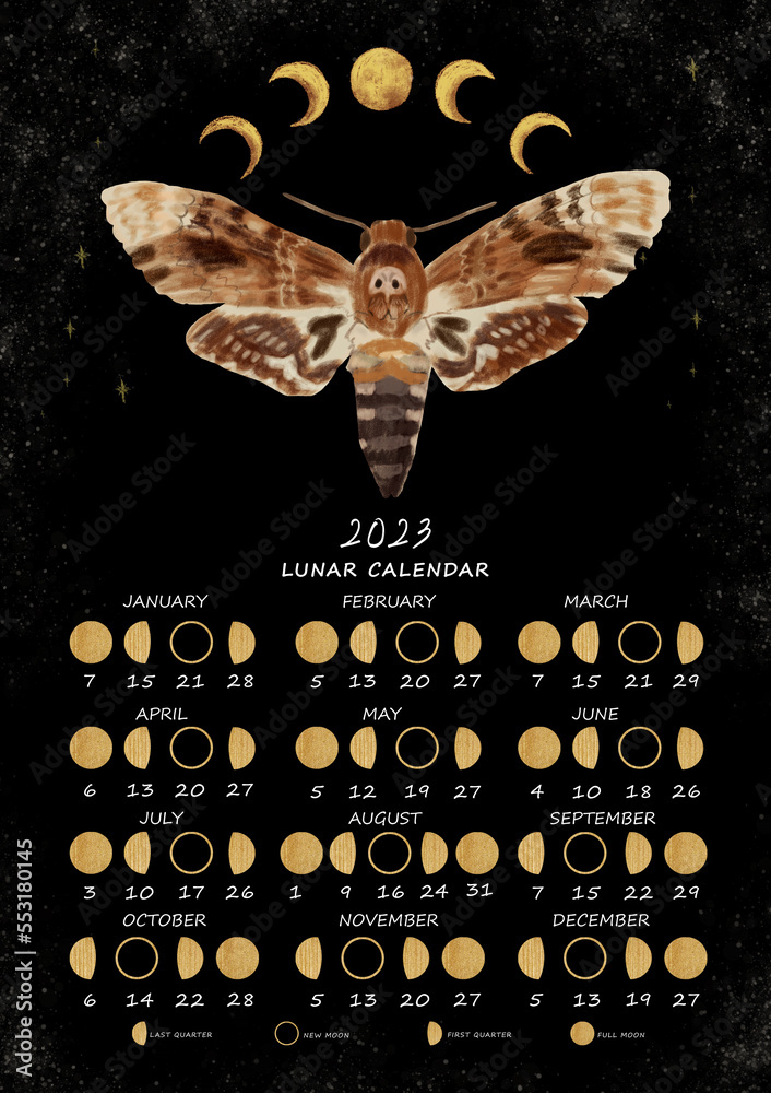 Lunar calendar 2023. Moon phases calendar for 2023 with beautiful death ...
