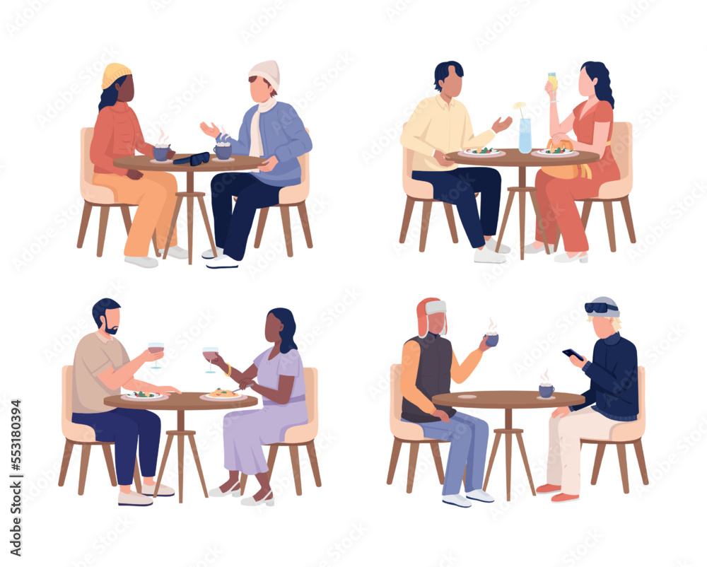 Couples sitting at tables semi flat color vector characters set ...
