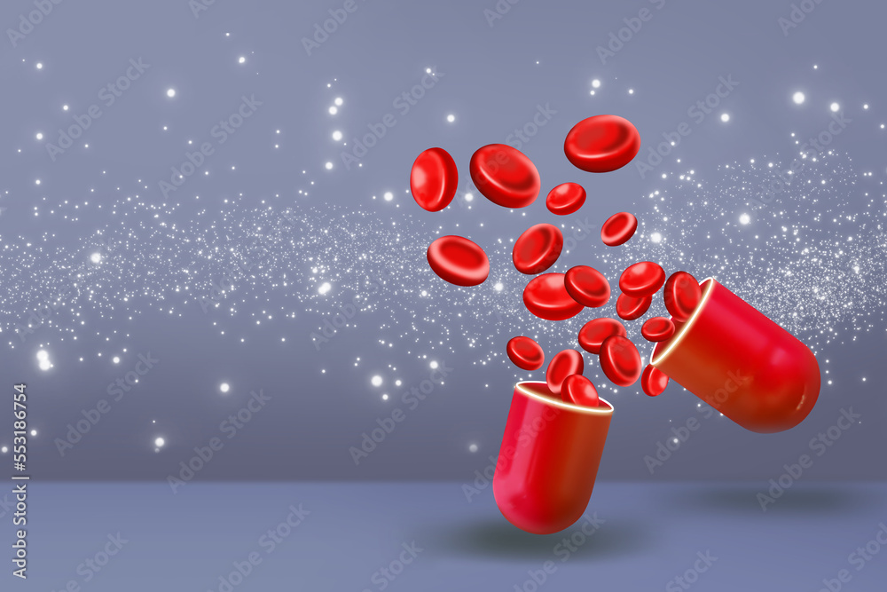 Red blood cells fly into the air from a red capsule on a gray-blue ...