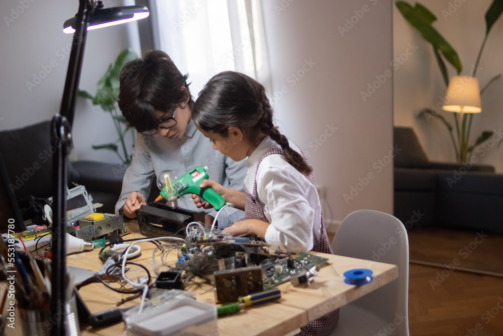 Concentrated children working on school project at home. Pretty girl ...
