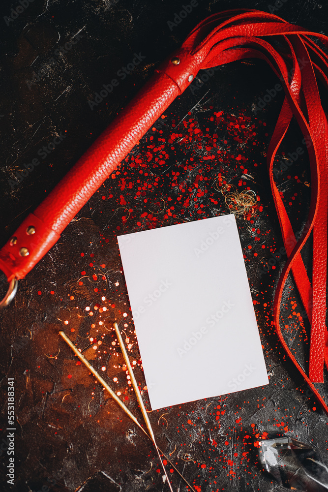 card mockup, mockup of a white sheet of paper bdsm toys, red leather ...
