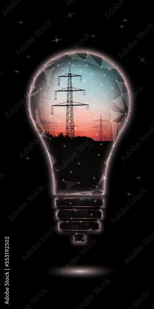 High-voltage power lines in symbolic light bulb on black background ...