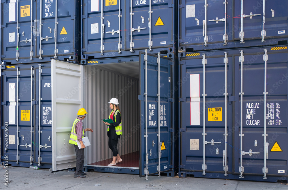 Diverse people working together at container terminal. Female ...