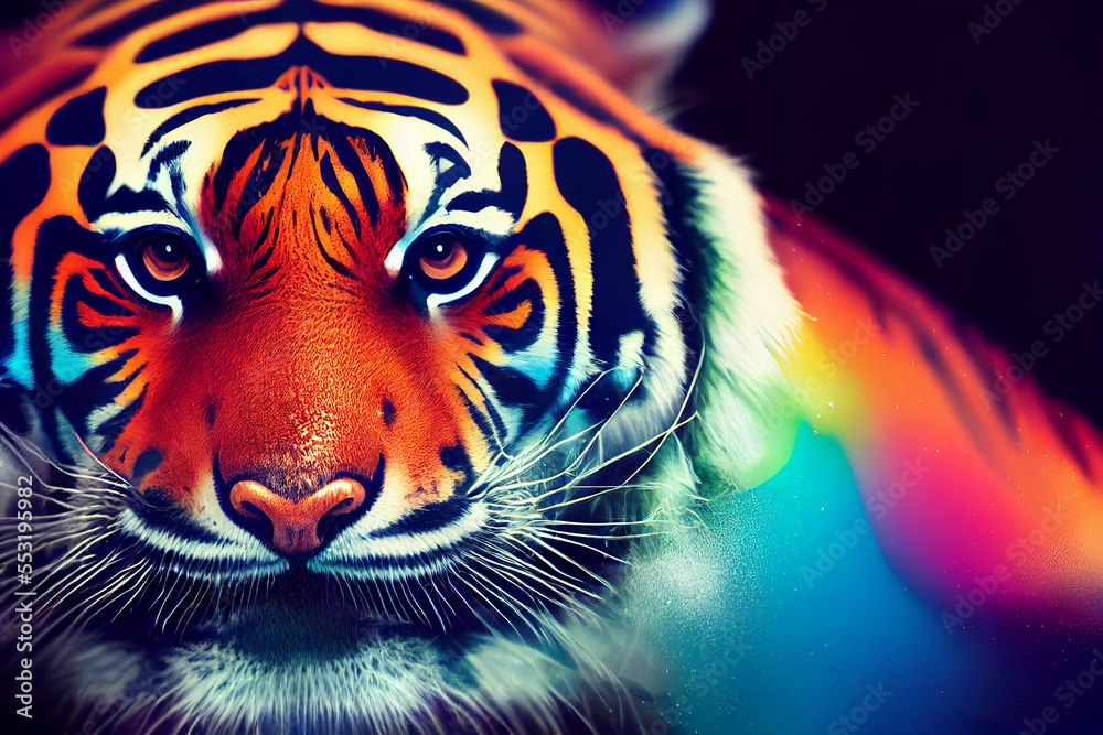 tiger pour thick split colorful paint liquid,3d render, dark background ...