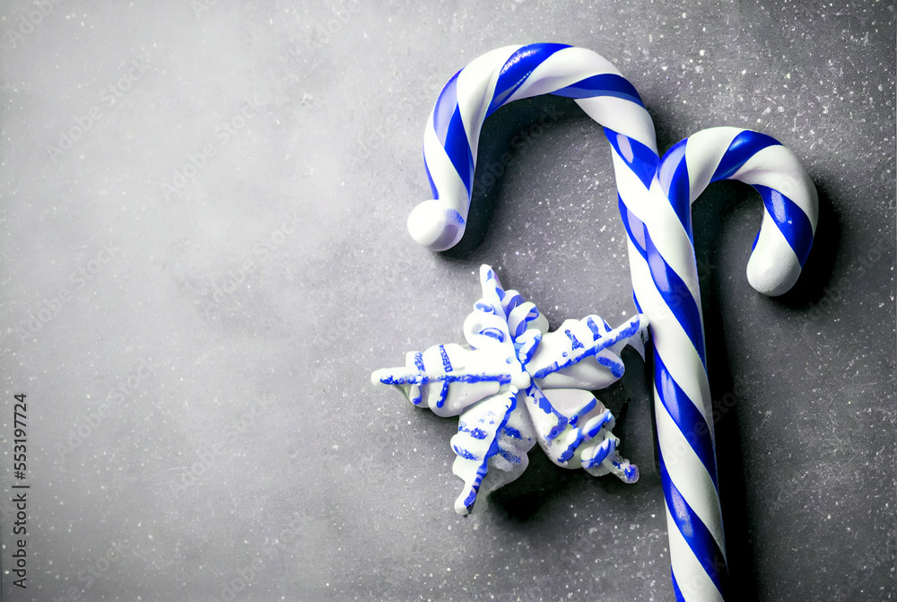 Blue and white candy cane christmas decors with gray concrete ...