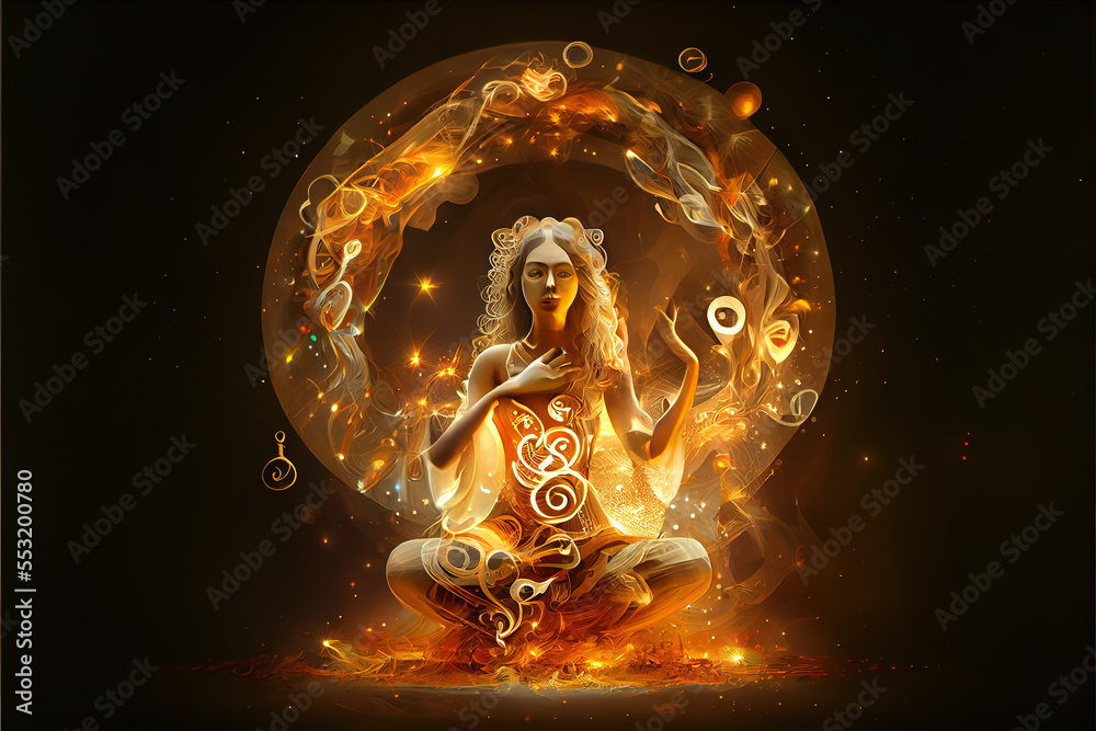 Spiritual sound healing therapy session with a meditative woman ...