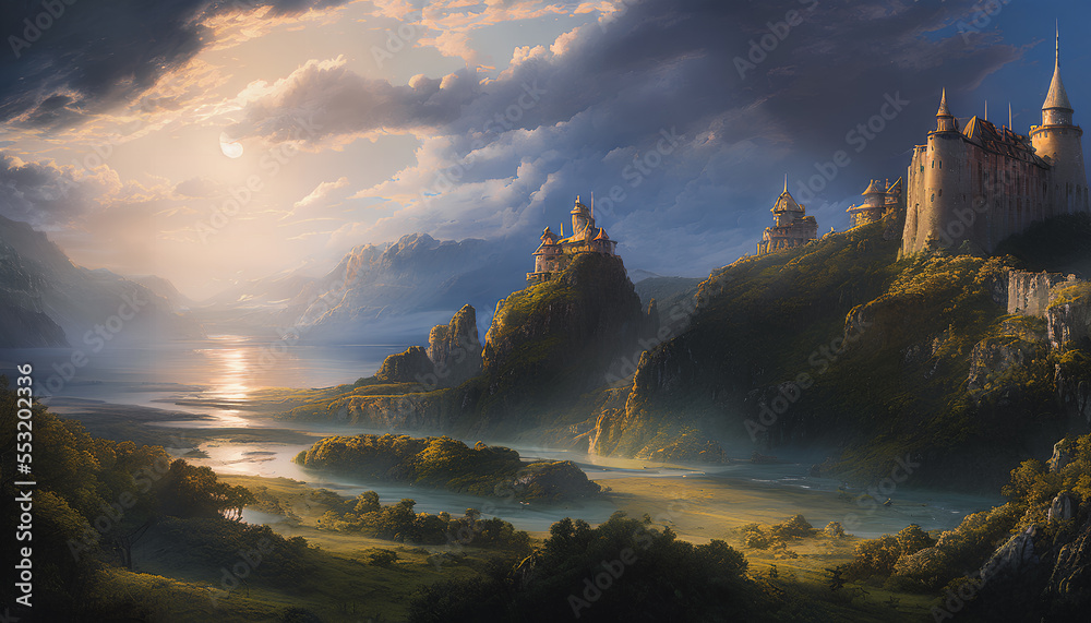 A painting depicting a majestic castle on a hill during a stormy night ...