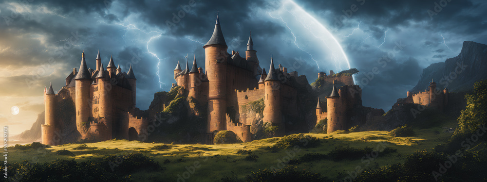 A painting depicting a majestic castle on a hill during a stormy night ...