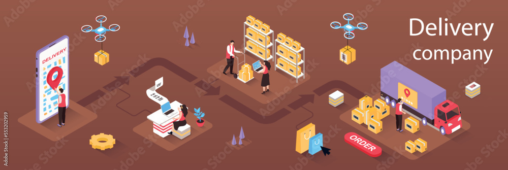 Delivery company concept 3d isometric infographics web banner. People ...