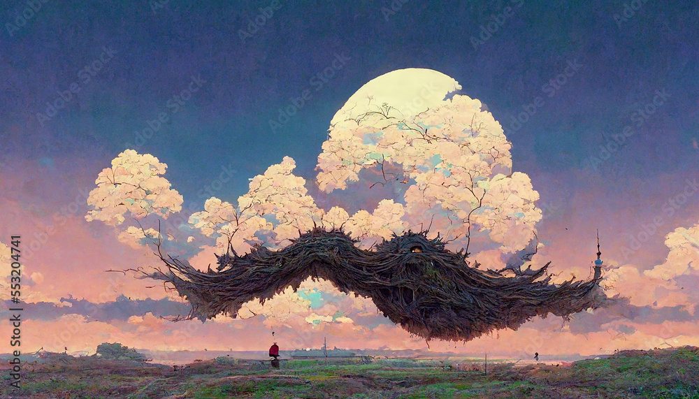 Fantasy drawing of Japanese landscape floating magic tree in sky ...