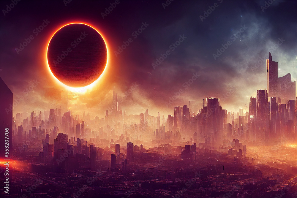 Solar Eclipse over sci fi city futuristic concept art Stock ...
