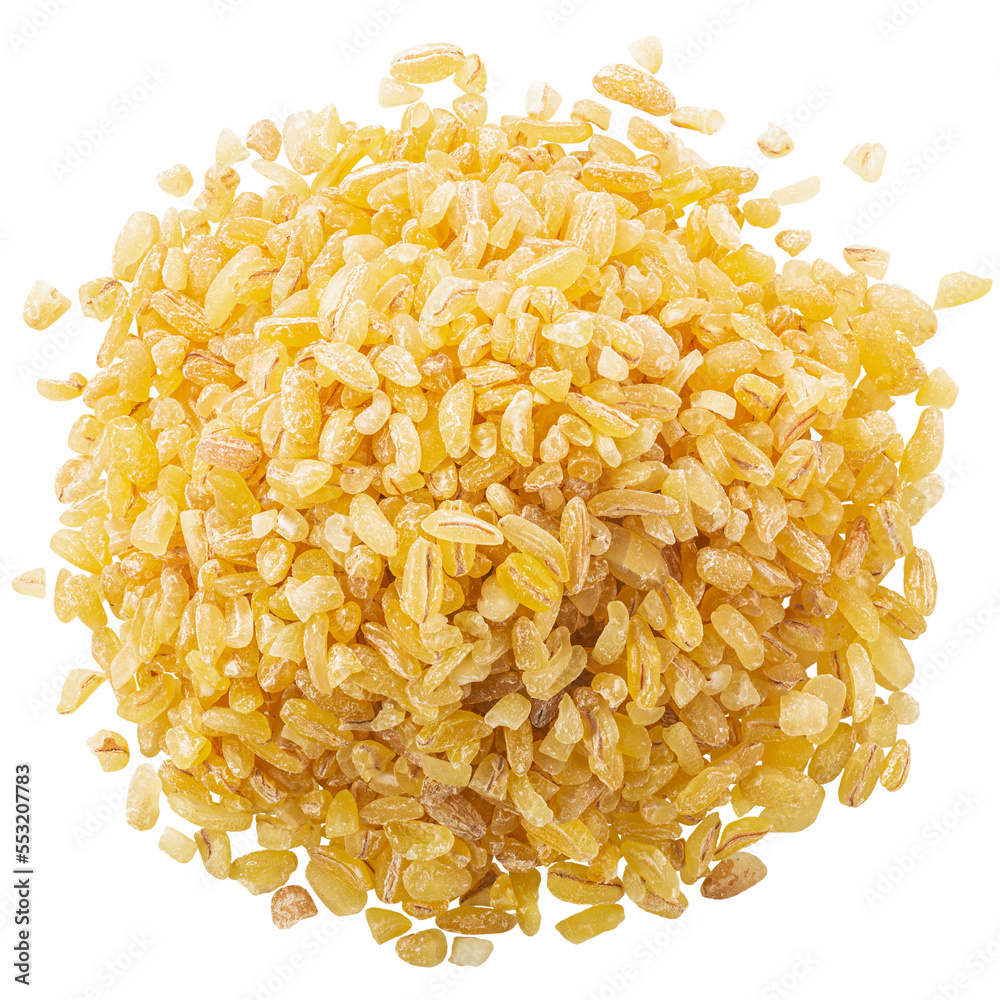 Pile of Bulgur, a cracked parboiled groats of durum wheat, isolated ...