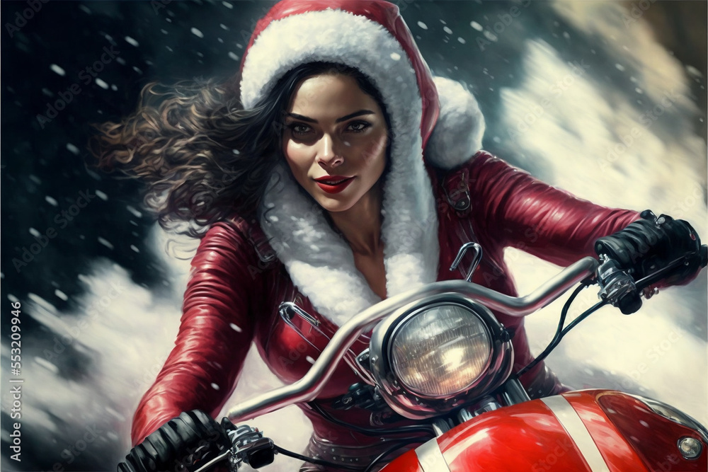 Digital painting of a yound beautiful woman in santa suit riding a ...