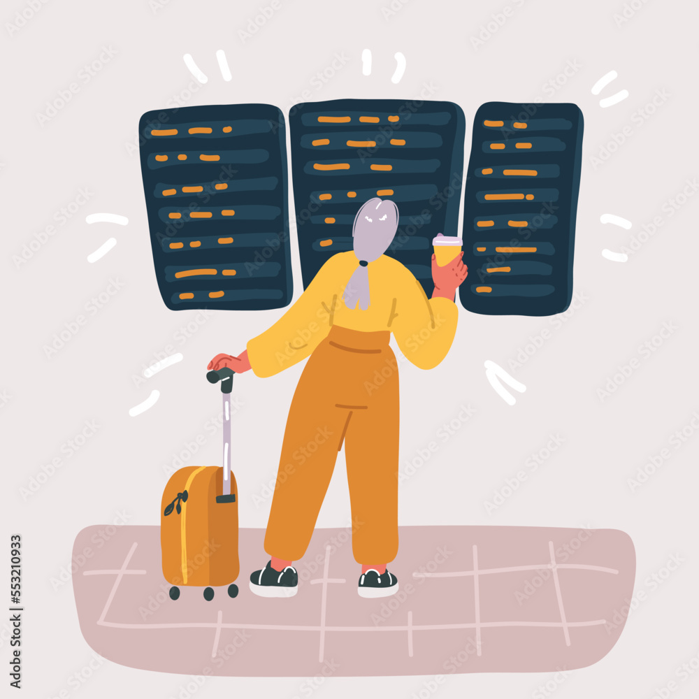 Unlucky passengers looking at board schedule with canceled flights ...