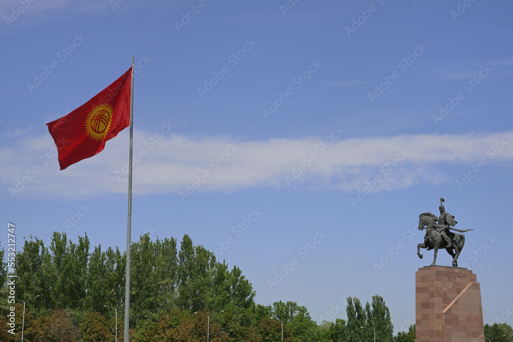 Manas Monument inspired by a traditional epic and Kyrgyz flag, Ala-Too ...