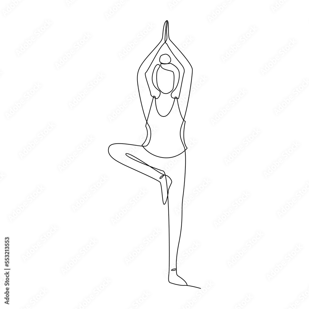 Single line drawing of a girl standing in a yoga pose. Doodle ...