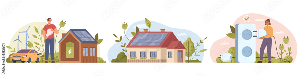 Green energy saving house, flat cartoon vector illustration set. Modern ...