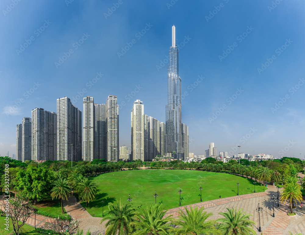 Landmark 81, skyscrapers viewed from below towards sky represents urban ...