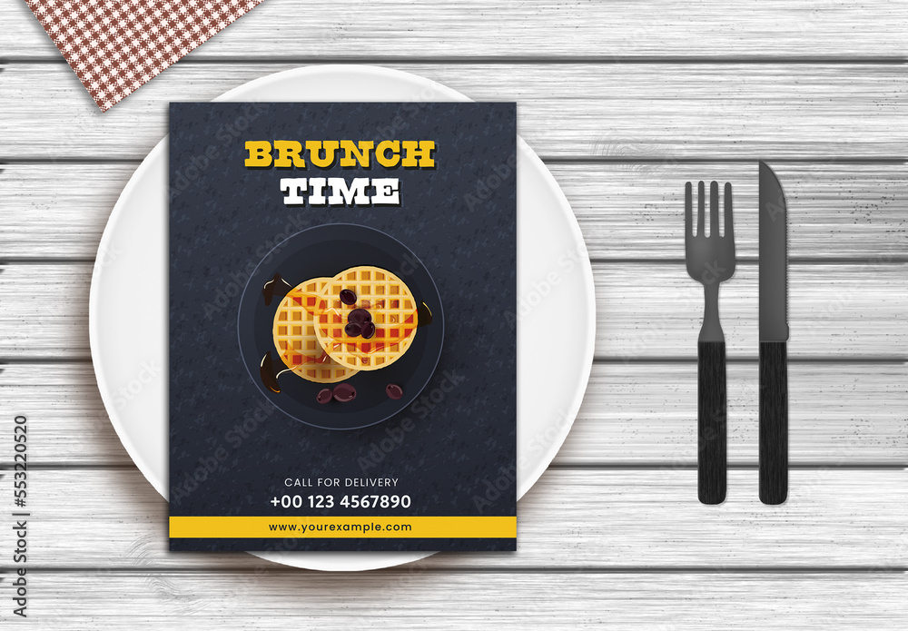 Food menu card template with top view of serving platter, knife, fork ...