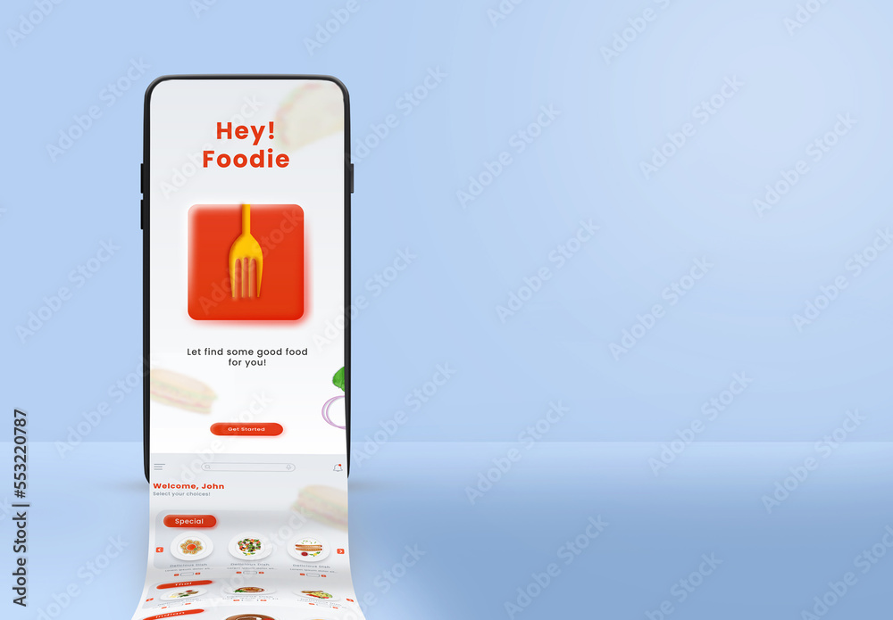Mobile with food app screen on blue background for business promotion ...