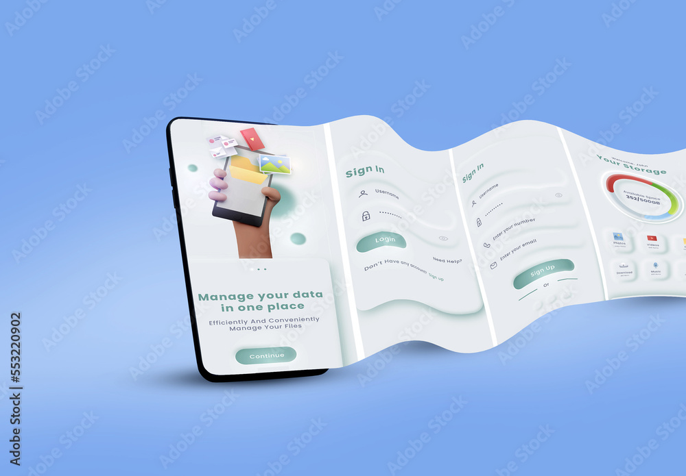 Mobile layout with 3d hand long scroll screen on blue background for ...