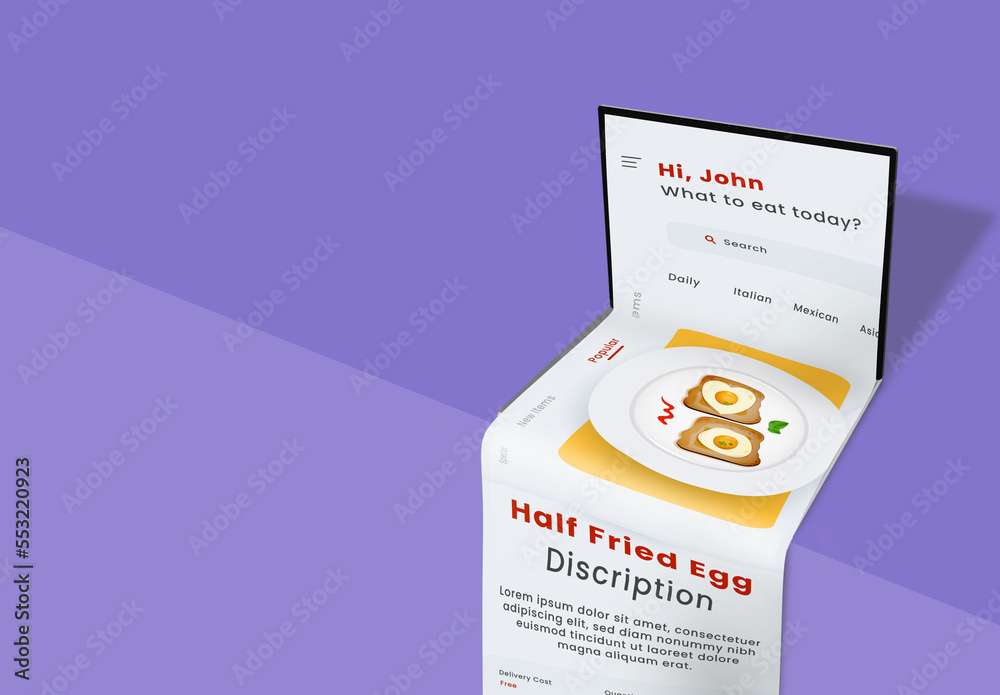 Laptop with food menu scrolling screen on purple background for ...