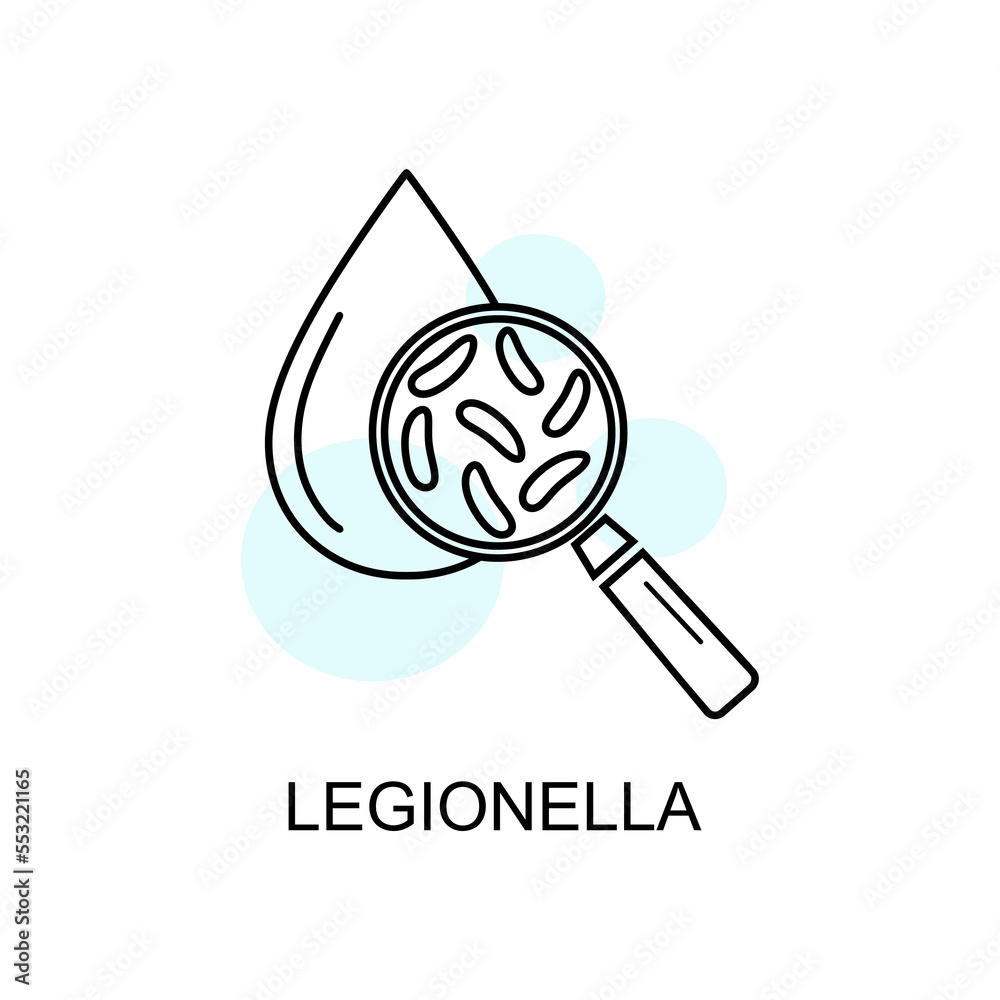 Legionella water test linear icon. Water drop with magnifier and ...