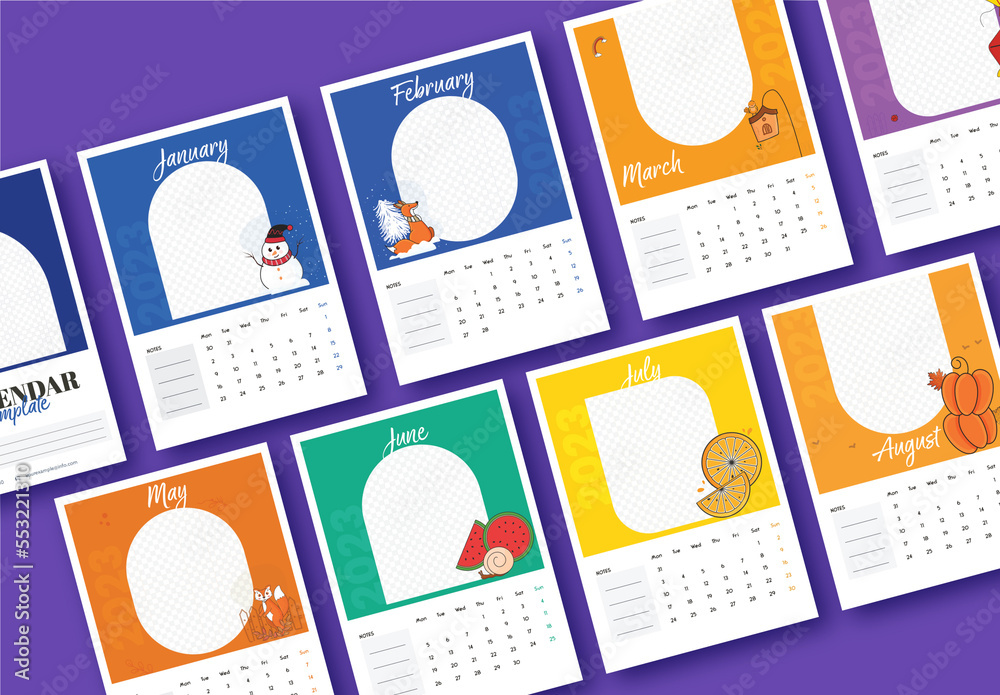 Colorful Set of 2023 Wall Calendar Template with holidays and seasonal ...