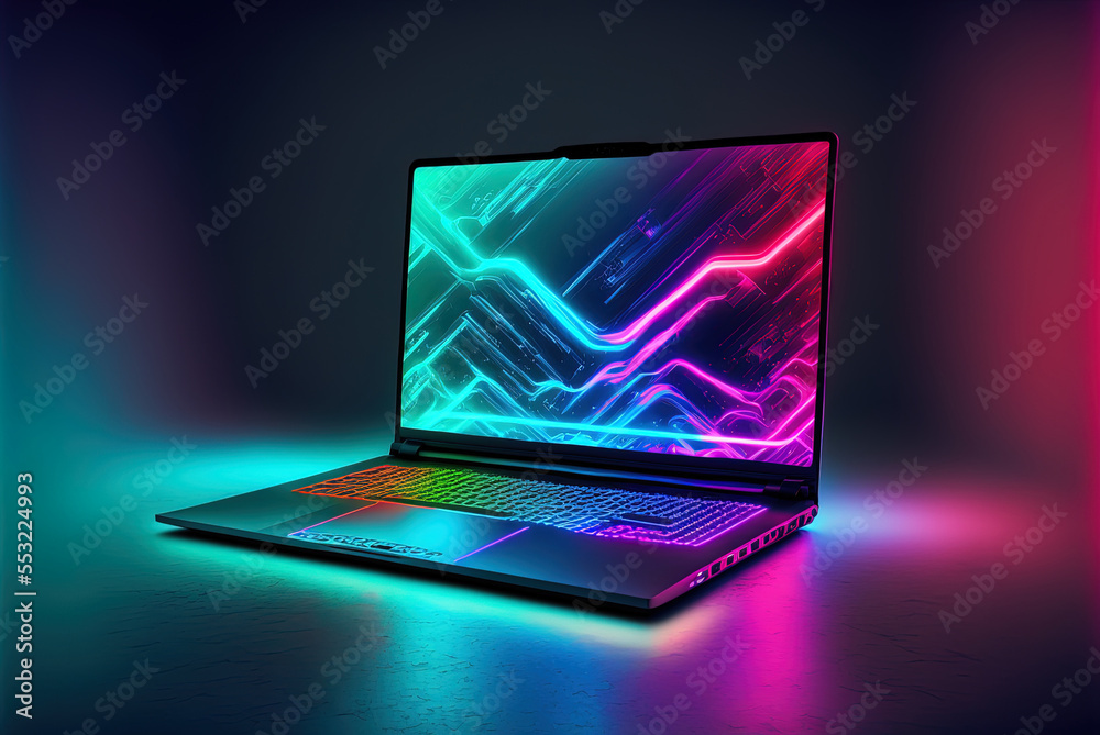 Neon-themed laptop's home screen Generative AI Stock Illustration ...