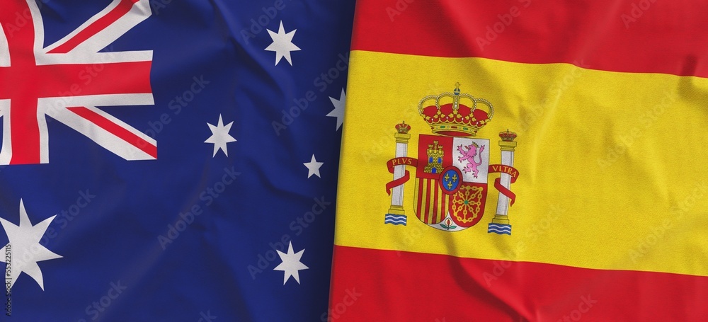 Flags of Australia and Spain. Linen flag close-up. Flag made of canvas ...