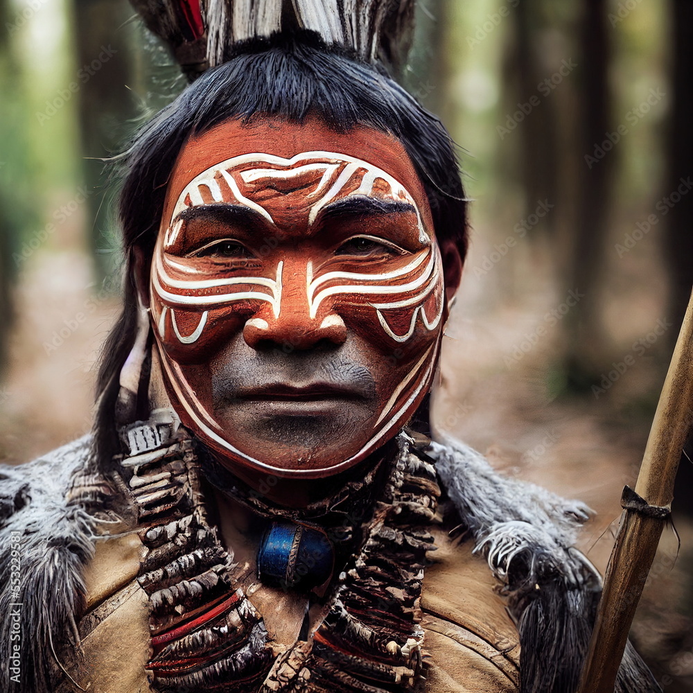 tribal face portrait with colored masks and traditional makeup ...