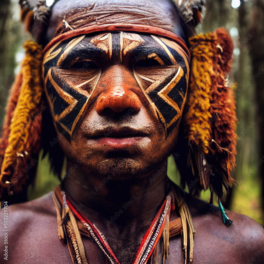 tribal face portrait with colored masks and traditional makeup ...