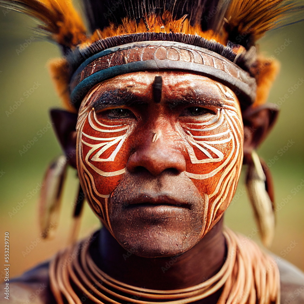tribal face portrait with colored masks and traditional makeup ...