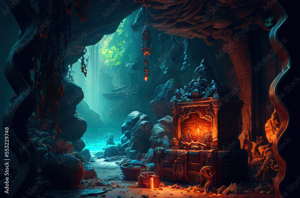 fantasy scene, the treasure at the end of a dungeon. game design ...